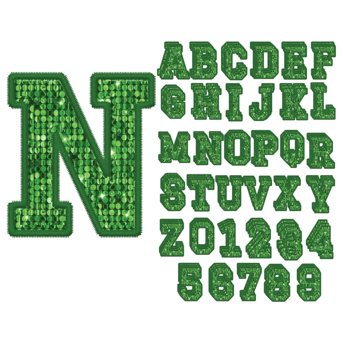 2 Inch Green Glitter Iron on Transfer Letters and Numbers Shaped Alpha
