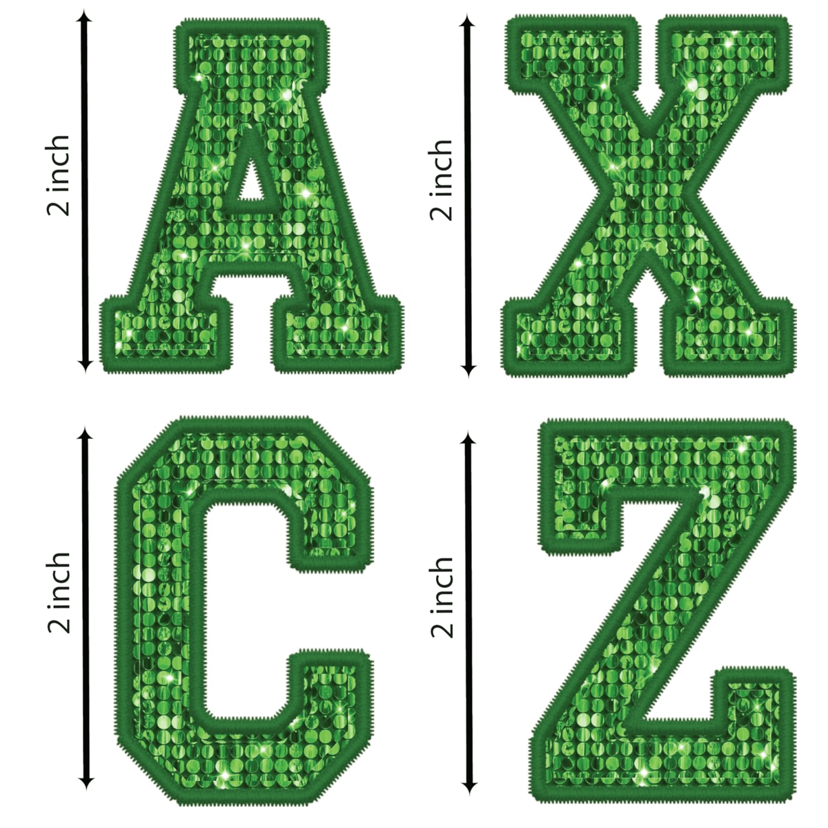 2 Inch Green Glitter Iron on Transfer Letters and Numbers Shaped Alpha