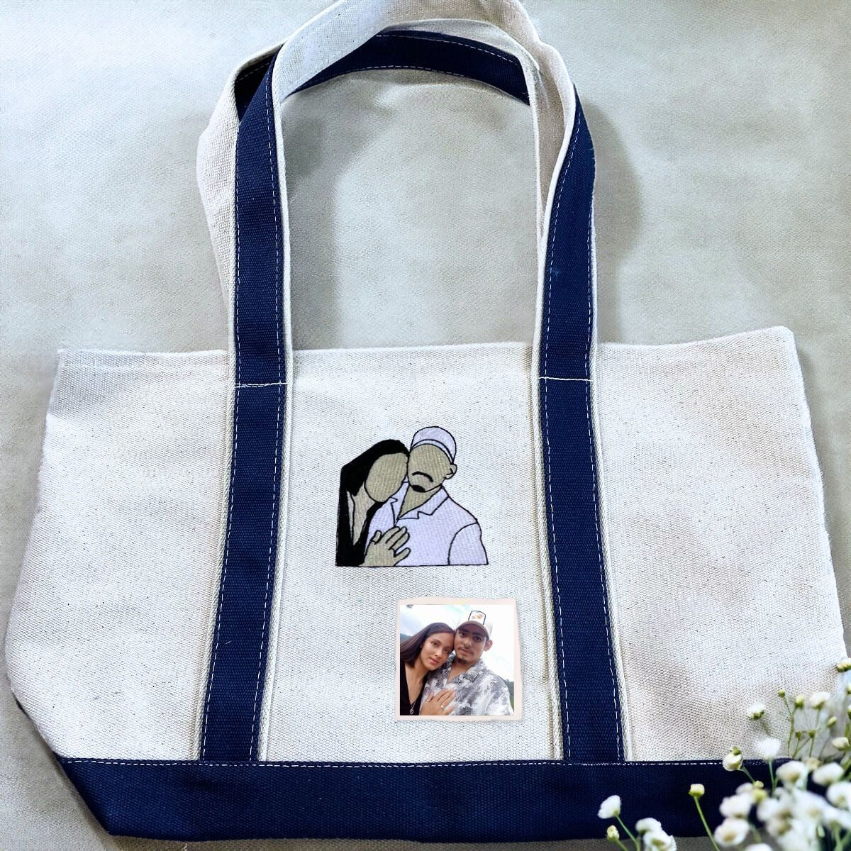 Personalized Photo Portrait Tote Bag with Embroidered - Unique Couple